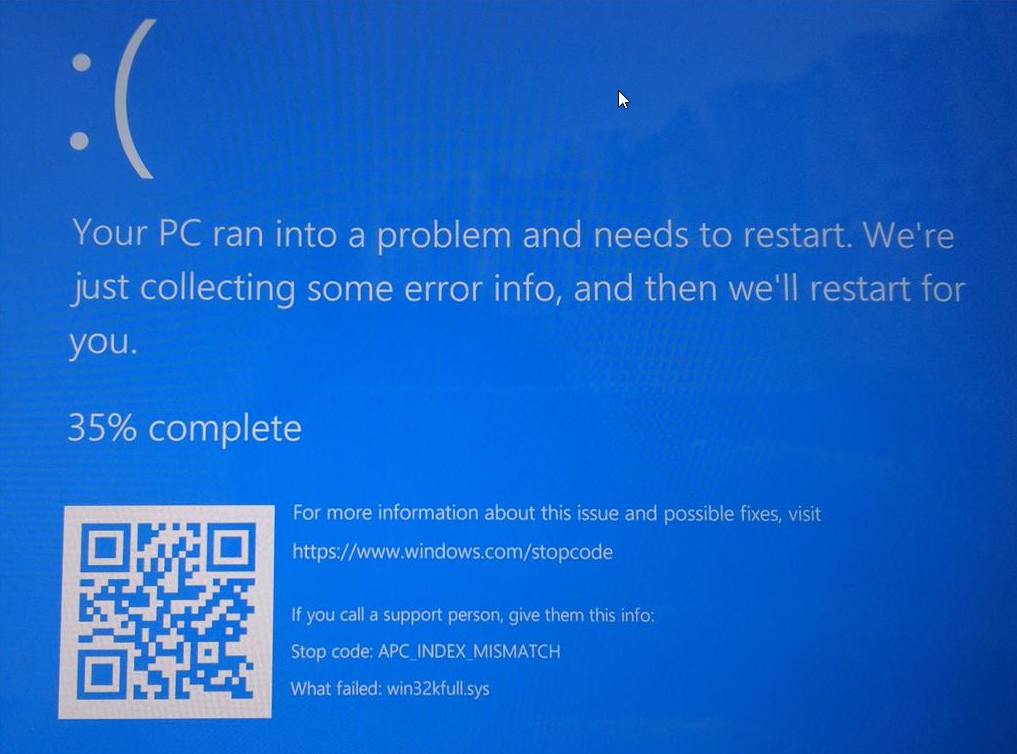 Mise à jour Windows défaillante - saisie d'écran d'erreur